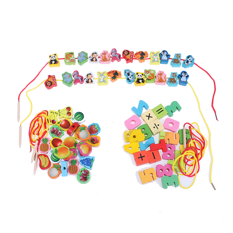 24Pcs Baby Wooden DIY Toy Fruit Animal Stringing Threading Wooden beads ...
