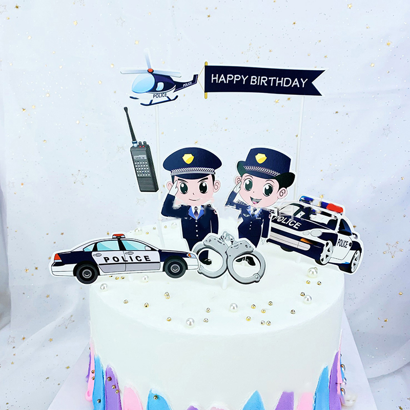 PRECUT CARTOON POLICE Car Plane Handcuffs Birthday Cupcake Toppers ...