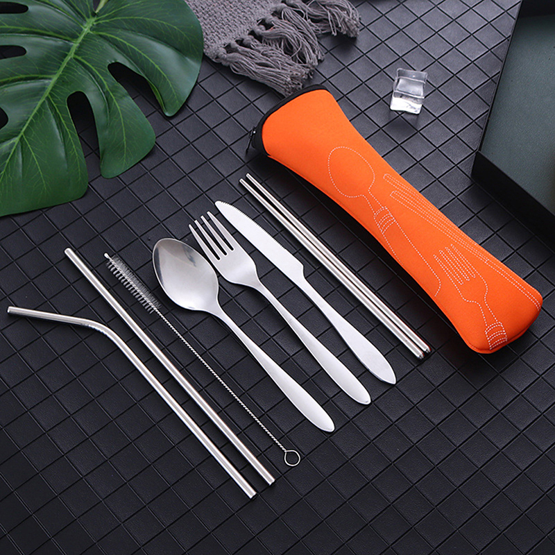 8Pcs Stainless Steel Tableware Straw Fork Spoon Family Travel Camping ...
