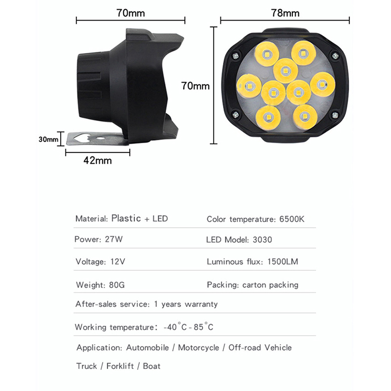 Fari Moto 9 Perline Lampade Led Moto DC 9V-85V/12V 15W 1500LM con Interruttore