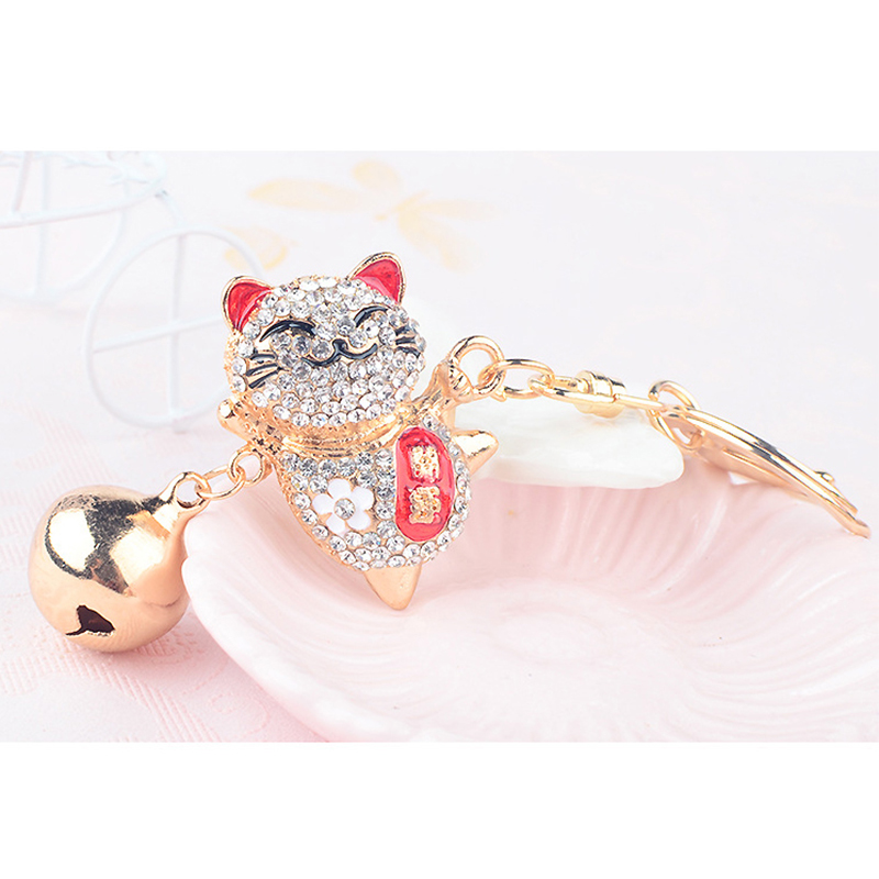Cute Crystal Keychain Alloy Big Bell Rhinestone Japanese Lucky Cat Car Key Ch Th