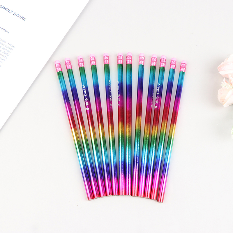 12Pcs Pencil Rainbow Wood Environmental Protection Bright Color School Writing