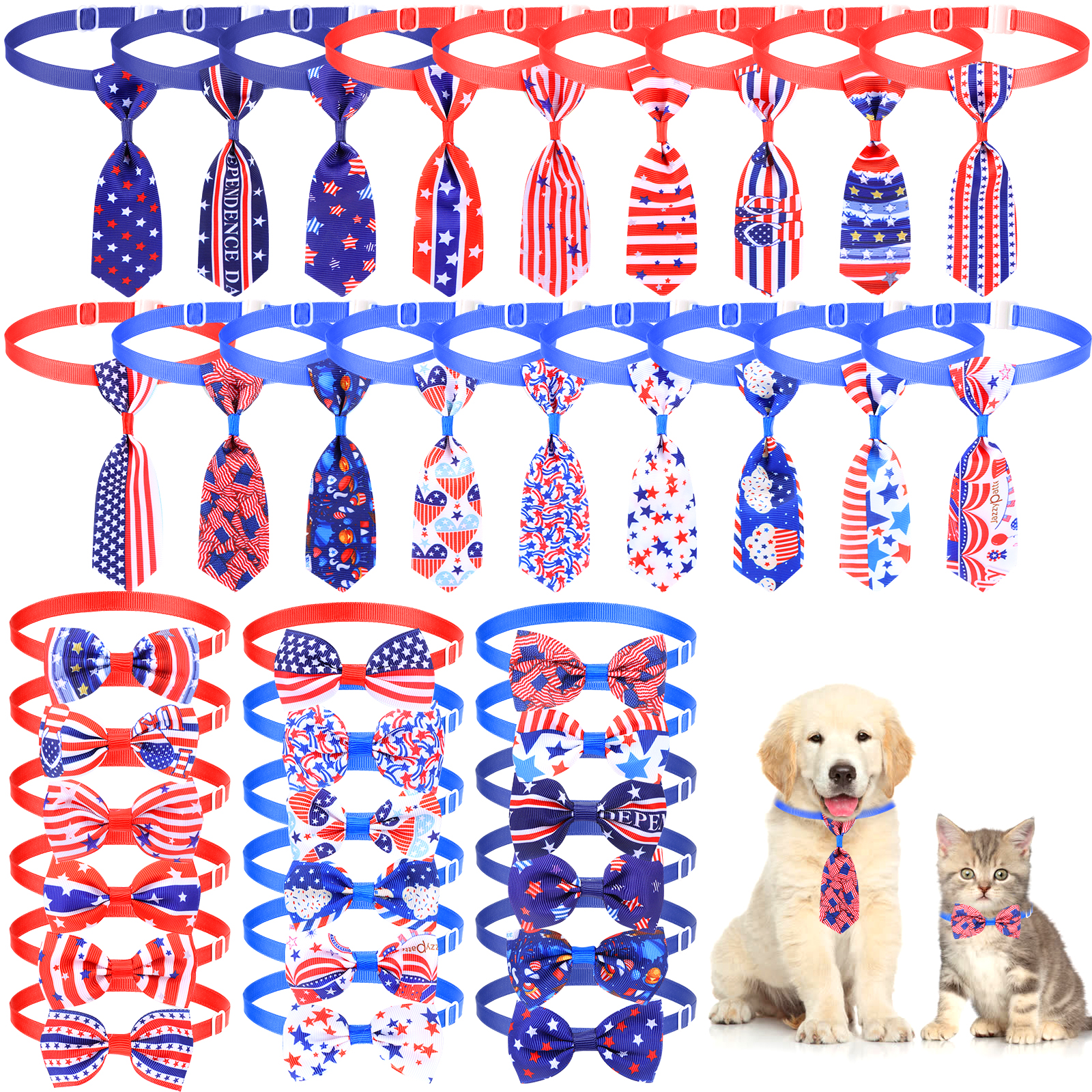 36Pcs 4th of July Dog Bowtie Collars Set Adjustable Independence Day Pet Necktie