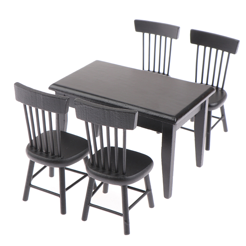 1:12 Dollhouse Restaurant Mini Dining Table Food Black Table Chairs ...