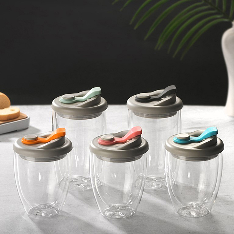 Tazza in vetro doppia parete a prova di perdite 350 ml con coperchio in gel di silice caffè isolato M wi