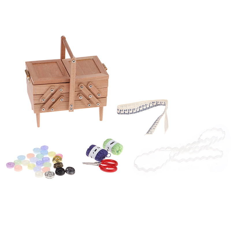 1Set 1:12 Dollhouse Sewing Box w/Needle Scissors Knitting Tool Tailor ...