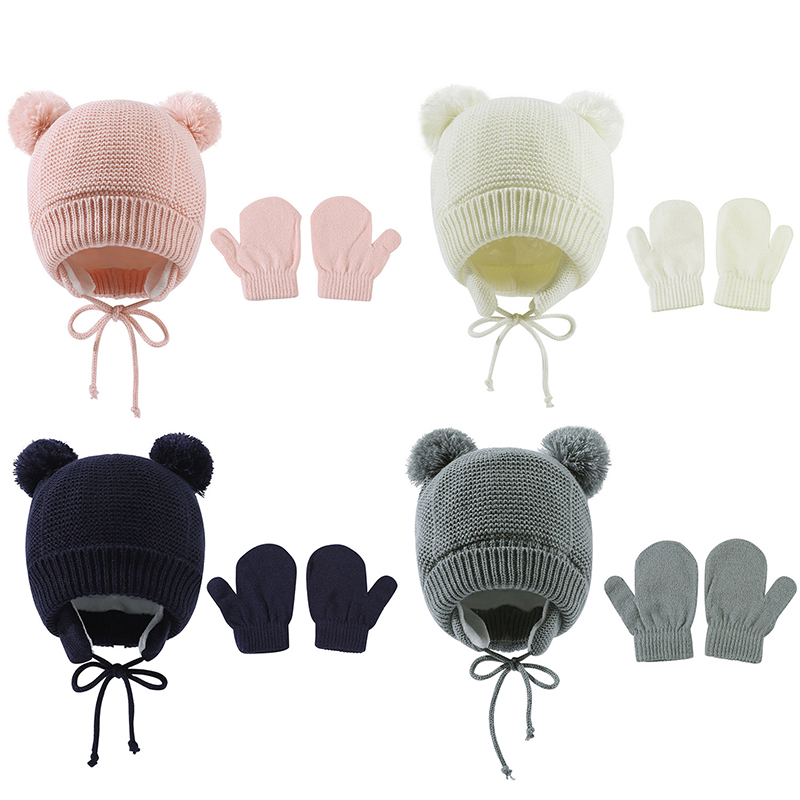 Guanto invernale carino pompom lavorato a maglia cappello bambino cappello spesso caldo ragazza/ragazzo cappello guanti