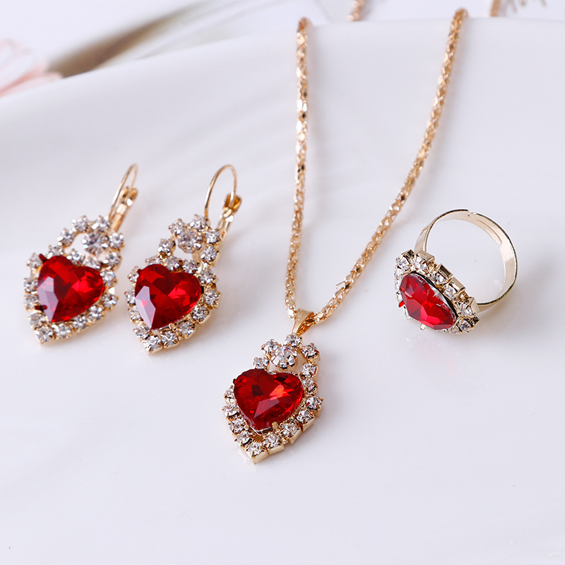 Fashion Ladies Jewelry Set Romantic Heart Bridal Wedding Necklace Ring ...