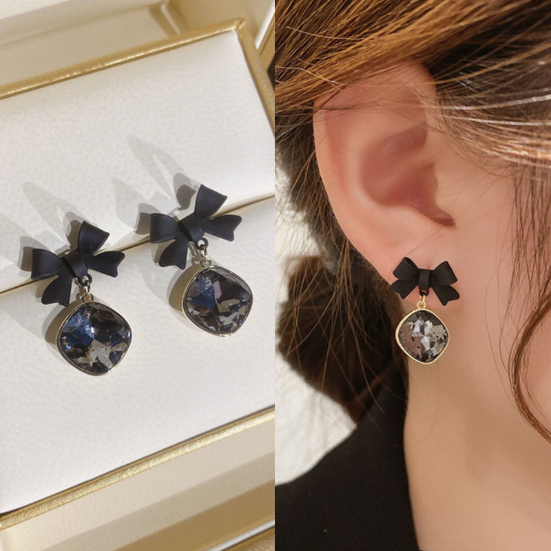 1Pair Mystic Black Jewel Bow Dangle Earrings For Women Statement Square ...