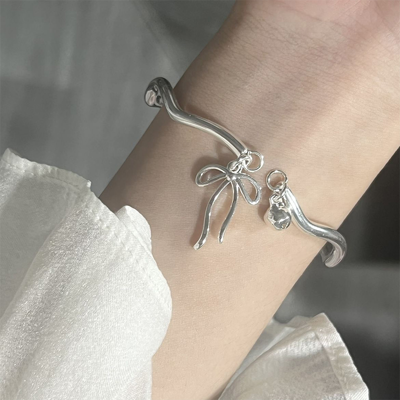 Fashion Bowknot Bell Silver Cuff Bracelet Silver Color Pendant Bangles ...