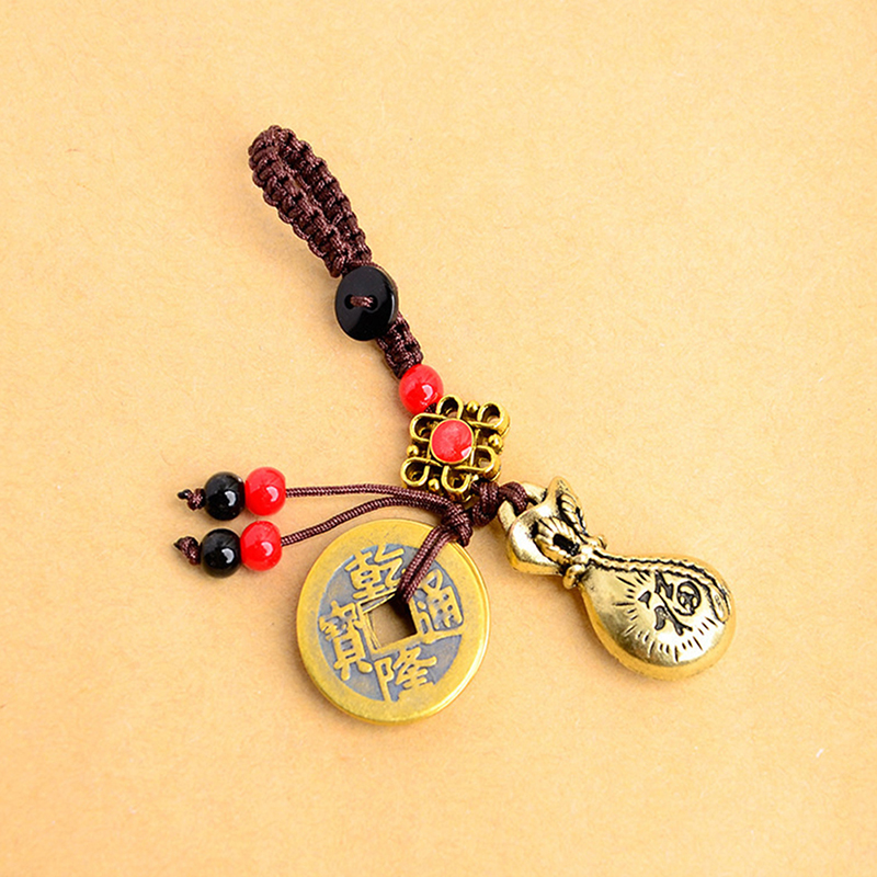 Brass Money Bag Keychain Pendant Handmade Rope Good Luck Feng Shui Hanging Chain
