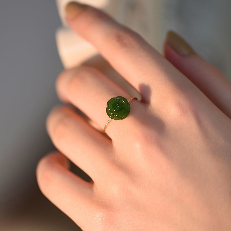 Exquisite Girls Style Ring Fashion Camellia Rose Flower Green Finger ...