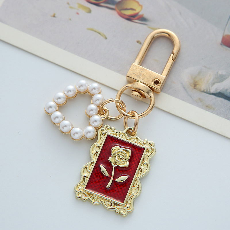 Delicate Rose Flower Pearl Heart Keychain Lovely Letters Pendant Key Chain