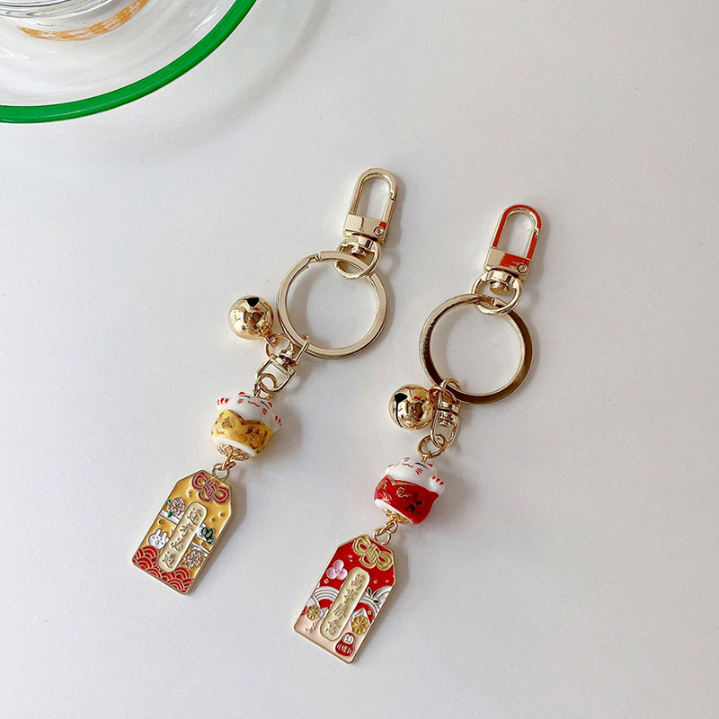 Cute Fortune Lucky Cat Keychain With Bell Ceramics Key Chain Car Bag Pendent