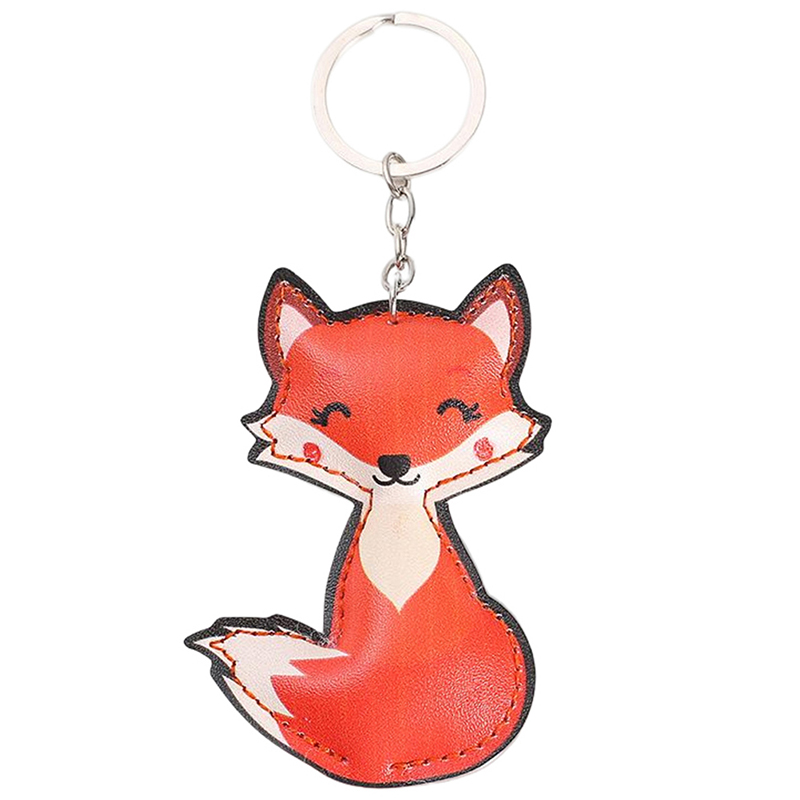 Cartoon Keychain PU Leather Lucky Cat Fox Dinosaur Bulldog Key Chain Bag Pend EI