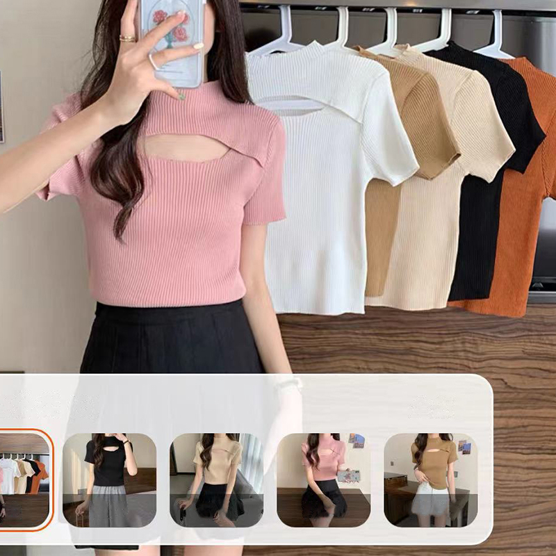 Women Solid Short Sleeve T-shirts Hollow Out Sexy Slender Hot Girls Knitting