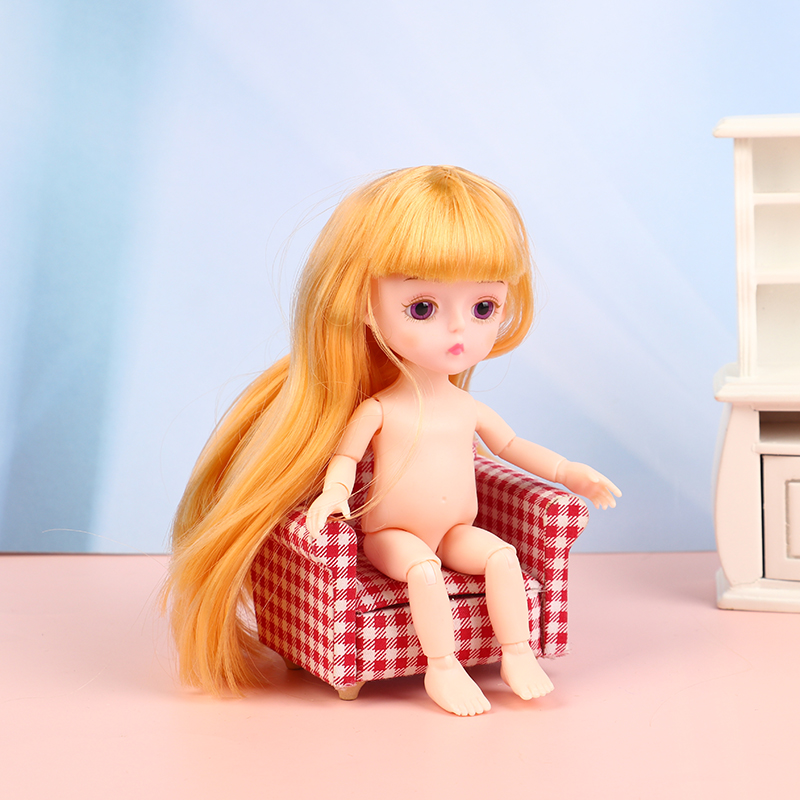 1Pc 1/12 16cm Mini Cute 3D Big Eyes Blond Straight Hair Naked Girls DIY House EI
