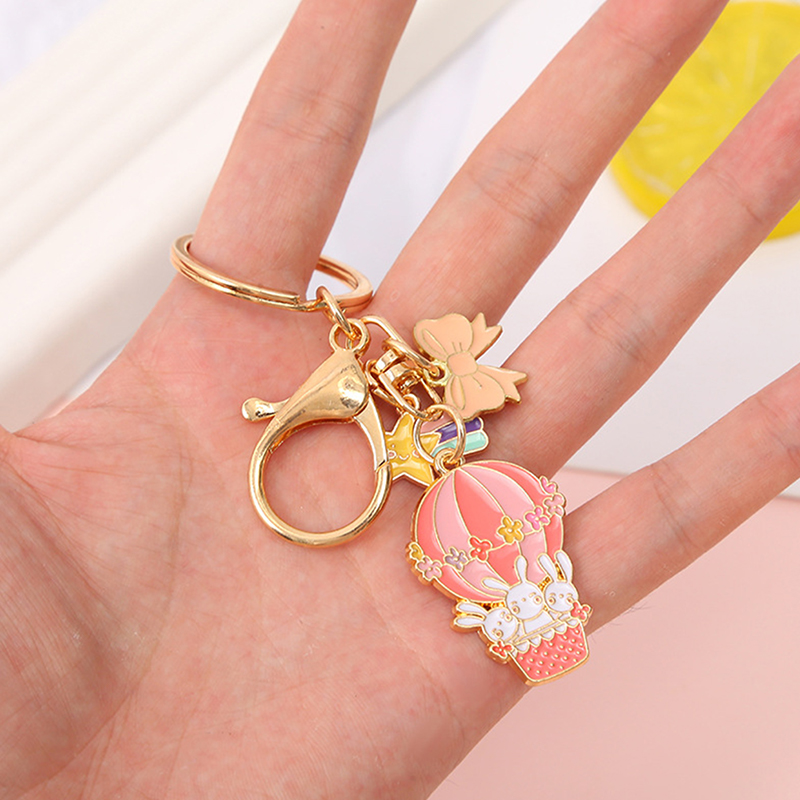 Pink Flower Keychain Cartoon Cute Rabbit Bunny Bag Keyrings Anti-lost Jewelr -wf