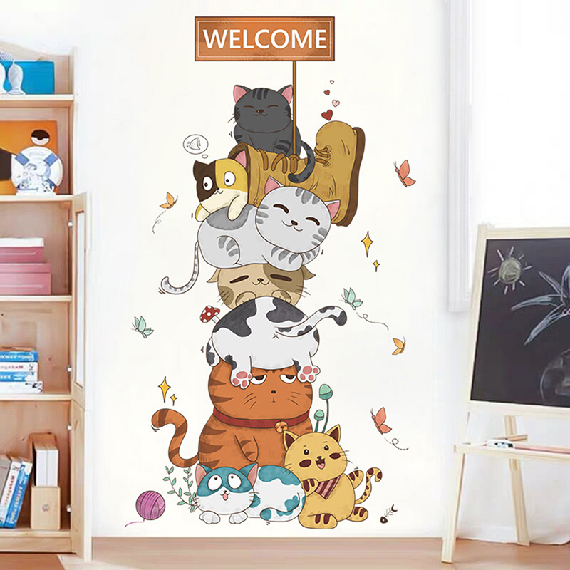 Nordic Cartoon Naughty Cat Pyramid Wall Stickers Children's Room Wall ...