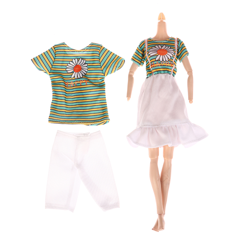 2 Sets Clothes Couple Outfit Point Dress Shirt Denim Casual Wear for 30cm Dol EI