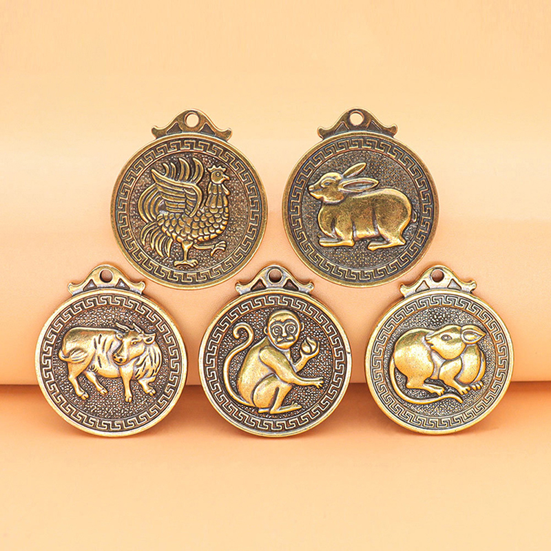Vintage Copper Zodiac Blessing Round Hanging Tag Wealth Blessing Mascot Pend -wf