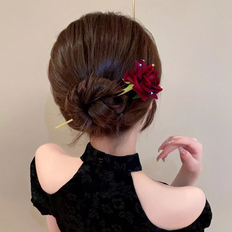 Rose romantique Flocking Hairpin Flower Hair collet avec des strass ...