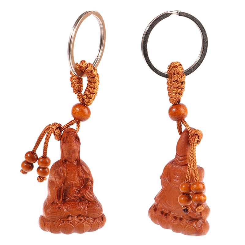 Natural Wood Mahogany Three-dimensional Engraving Guanyin Barrel Keychain-xp -wf