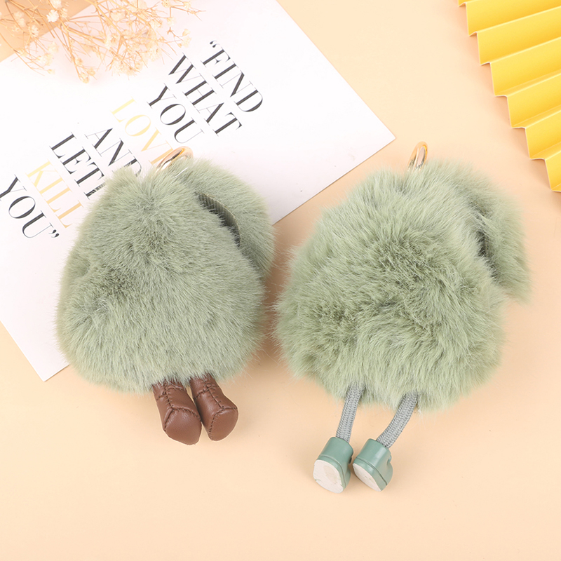Luxury Fluffy Mink Fur Avocado Shaped Keychains Women Pompom Fruit Key Ring EI
