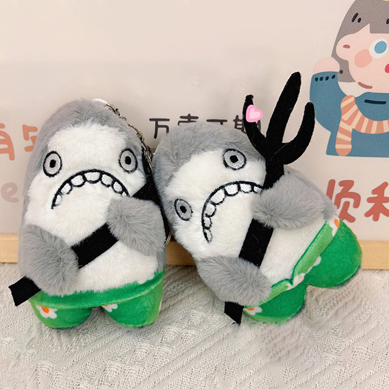 Funny and Cute Shark Plush Doll Sand Carved Shark Fork Keychain Book Bag Pen -wf