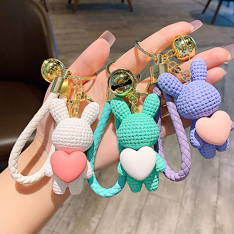 Peach Heart Woven Love Rabbit Key Chain Couple School Bag Car Key Chain ...