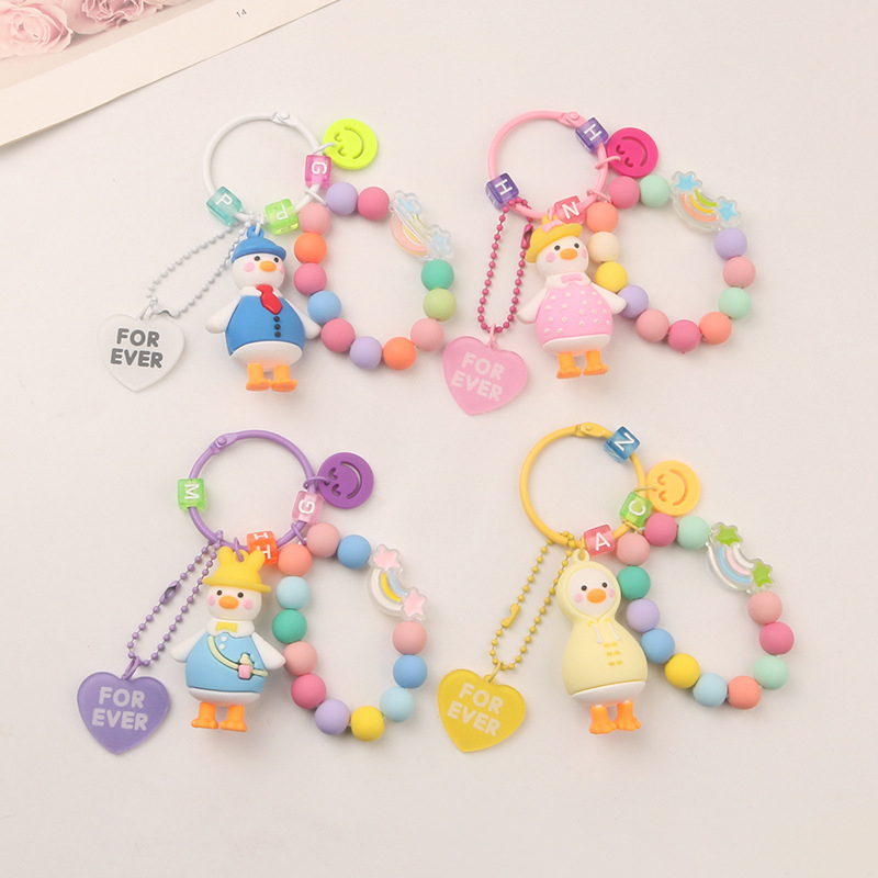 Cute Duck Candy Color Key Ring Smile Beads Key Chain Women Wallet Backpack EI