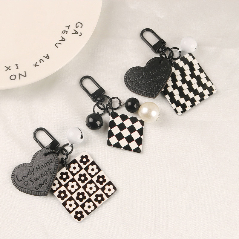 Acrylic Car Keychain With Bell Black White Geometric Flower Heart Square Keyr ba