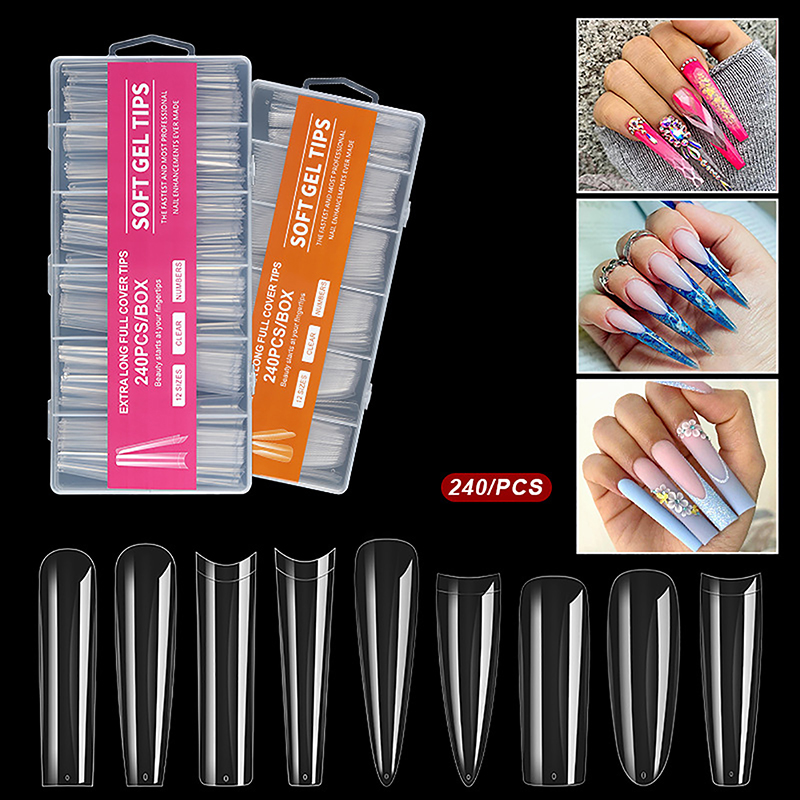 240Pcs/Box Fake Nails Clear Super Long False Nail Artificial Nail For ...