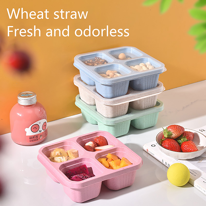 Snack Box Wheat Straw Container With Lid 4-Compartment For Desserts ...