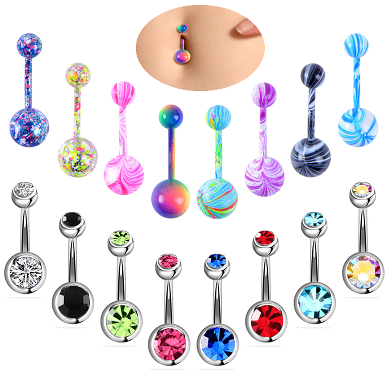 16Pcs Mix Navel Belly Button Ring Barbell Rhinestone Crystal Ball Body ...