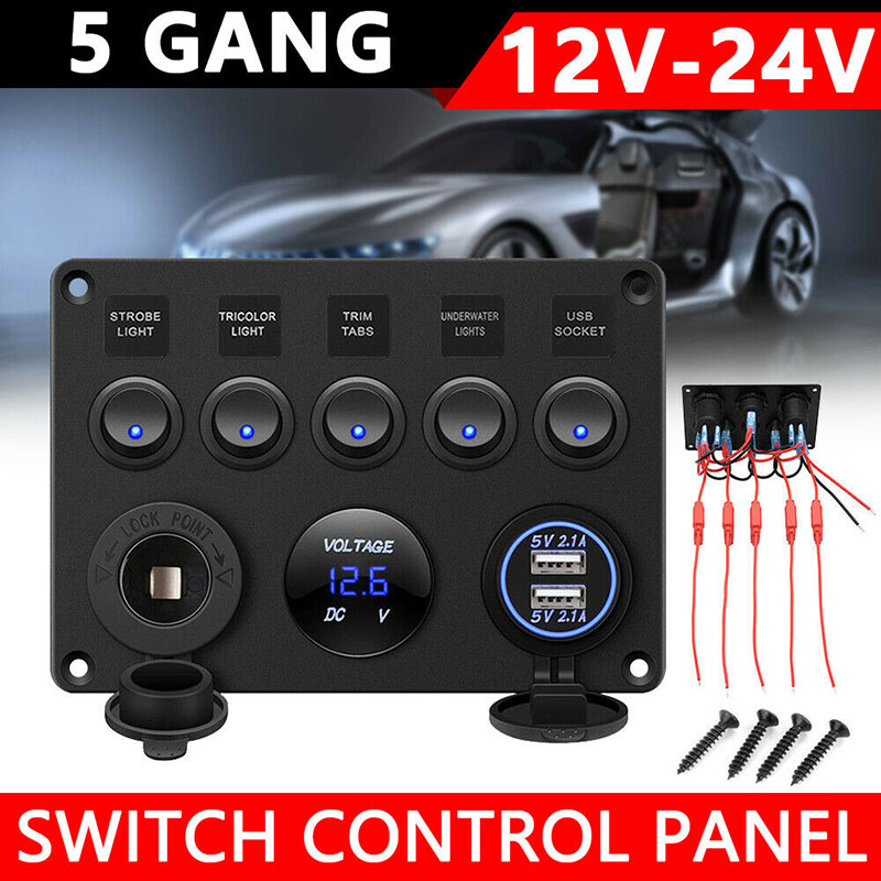 5 Gang Switch Panel 12V/24V Car Boat Marine Blue LED Rocker Breaker ...