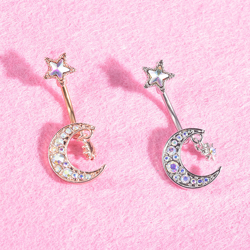 Navel Belly Button Rings Bar Crystal Moon Star Dangle Body Piercing ...