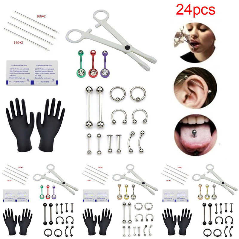24pcs Professional Body Piercing Tool Kit Ear Nose Navel Nipple Needles ...