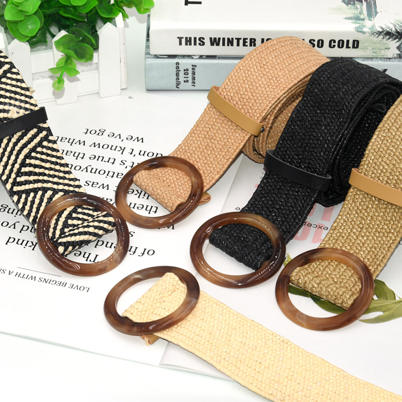 Vintage Boho Braided Waist Belt Summer Belt Round Wooden Buckle Straw ...