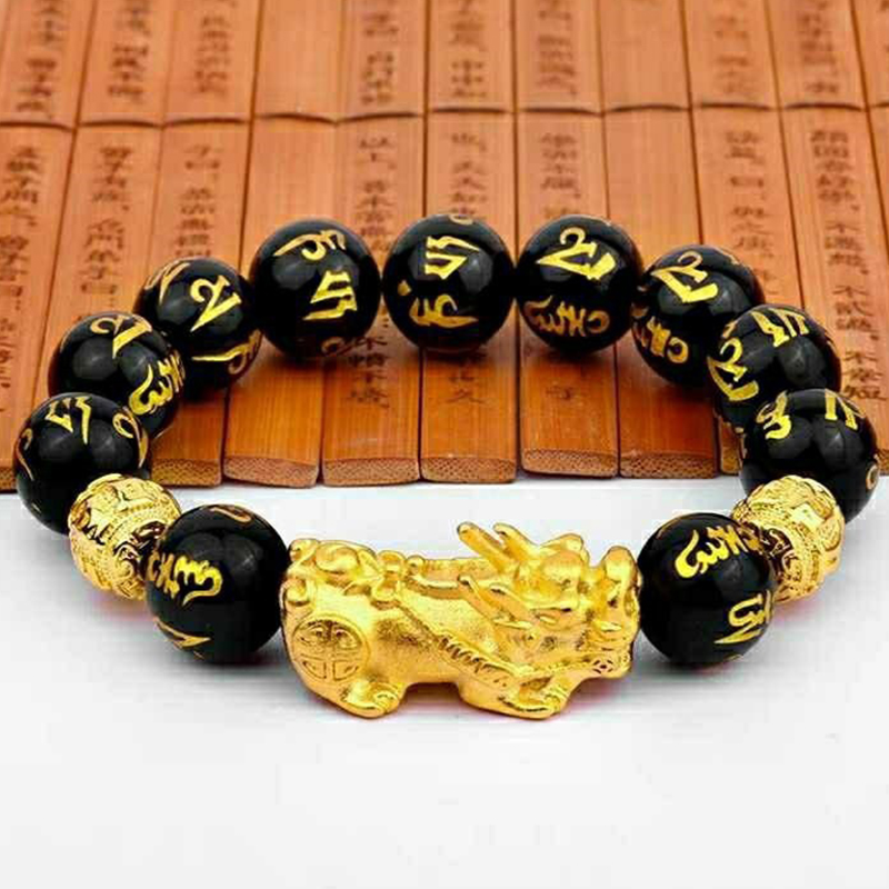 Feng Shui Obsidian Stone Beads Wristband Pixiu Wealth and Good Luck ...