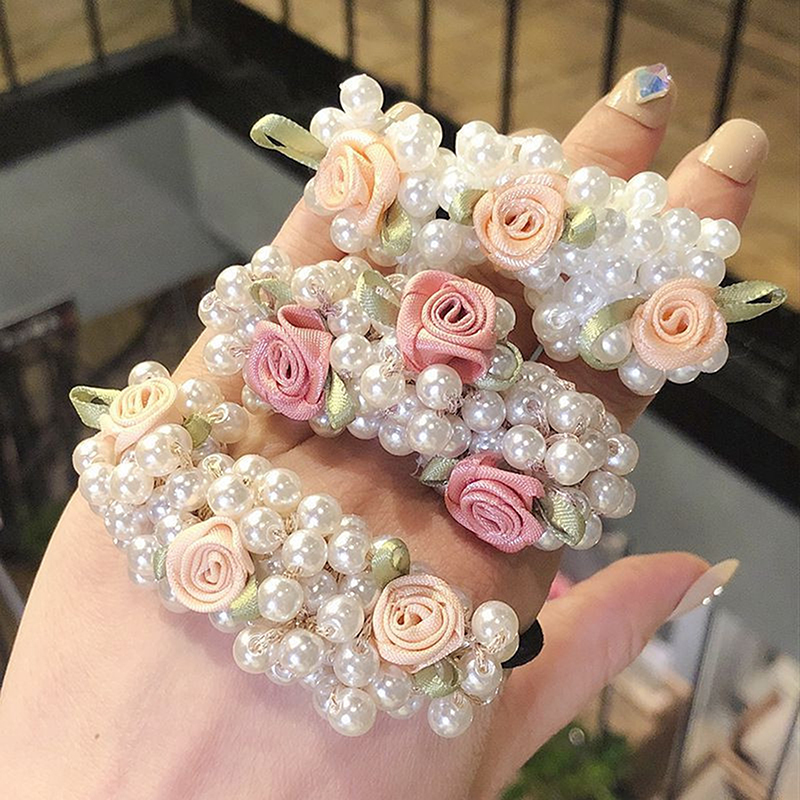Pearls Beaded Hair Scrunchies Ponytail Hair Tie Sweet Pearl Elastic ...