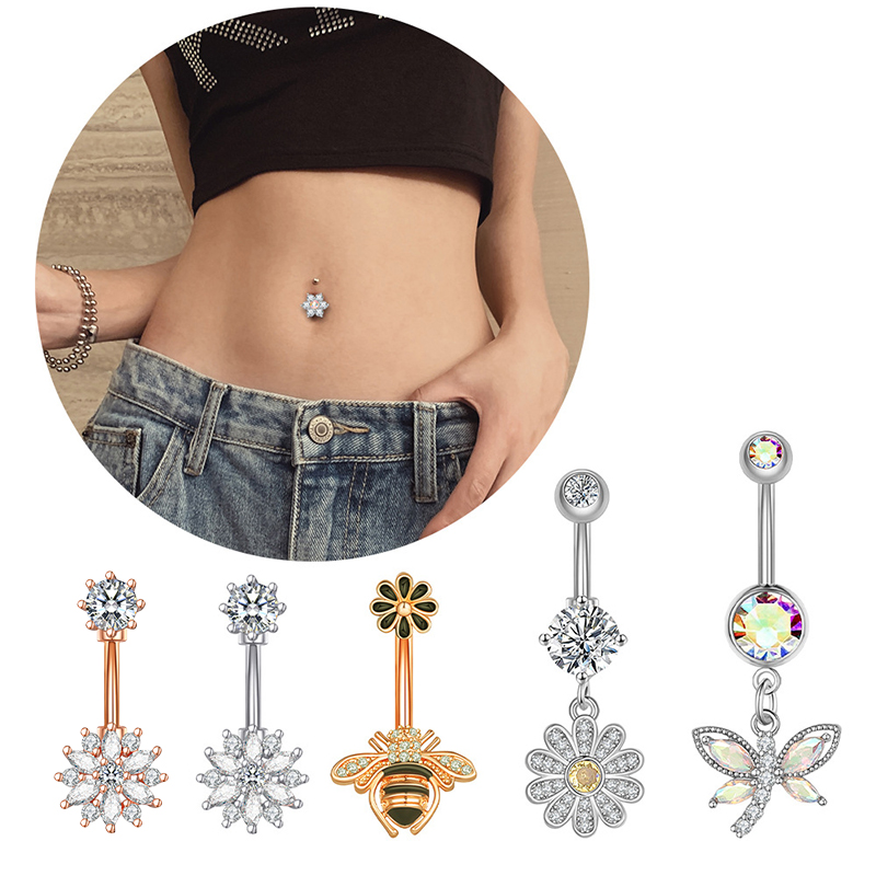 Dangled Belly Button Rings Surgical Steel Navel Piercing Crystal Bee ...