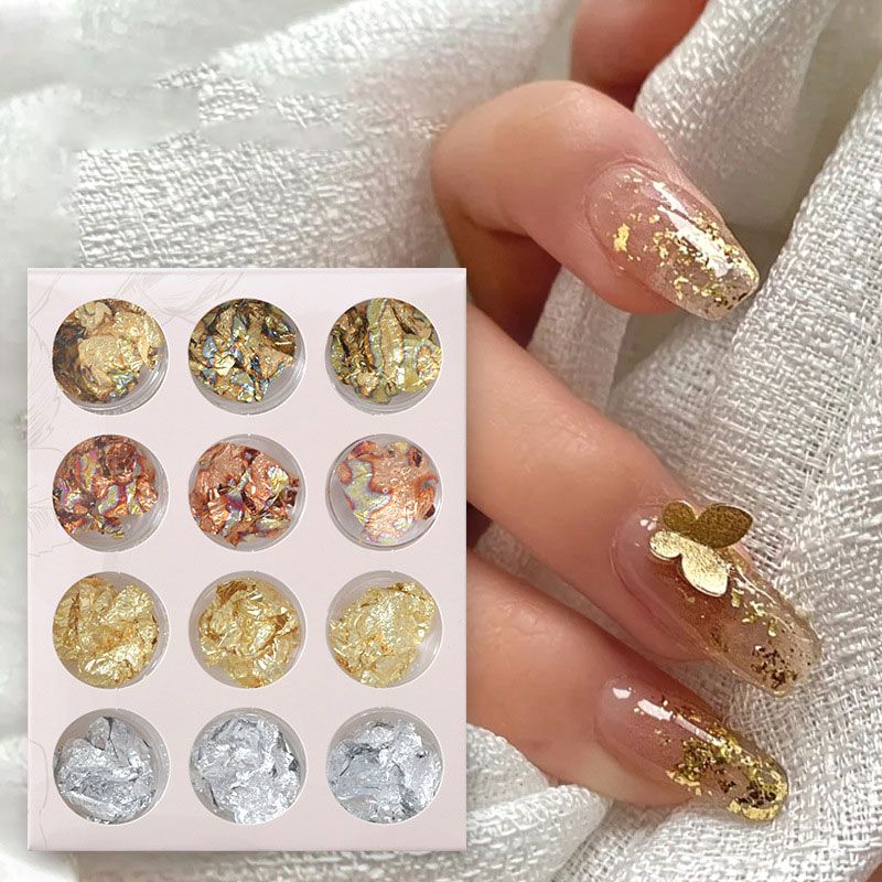 12 Grids/Box Irregular Gold Silver Foil Paper Nail Glitter Nail ...