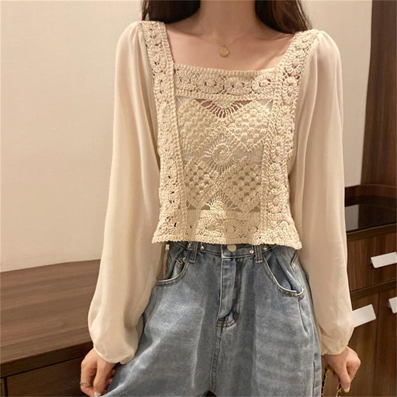Long Sleeve Female Clothes Hollow Out Lace Patchwork Chiffon Shirts Woman Blouse