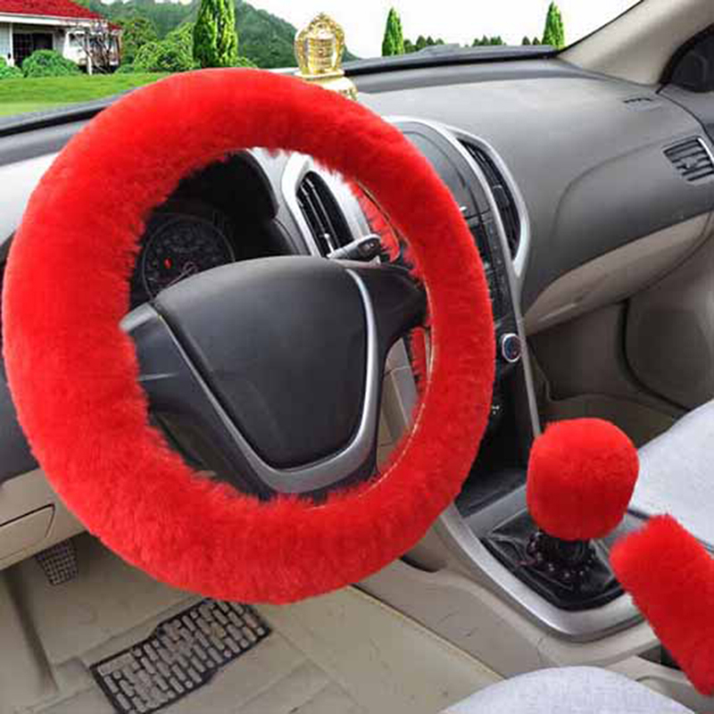 3Pcs/set Winter red soft warm plush car steering wheel cover handbrake covers ba