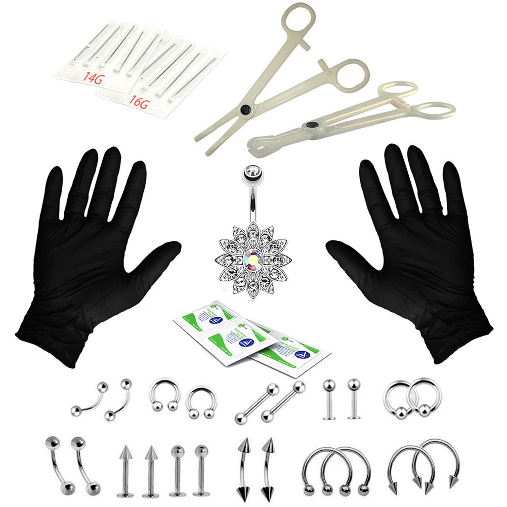 41PCS Professional Body Piercing Tool Kit Ear Nose Navel Nipple Needles ...